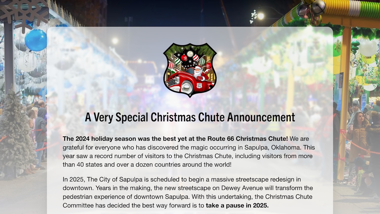 Sapulpa’s Route 66 Christmas Chute will “take a pause” for 2025 ...